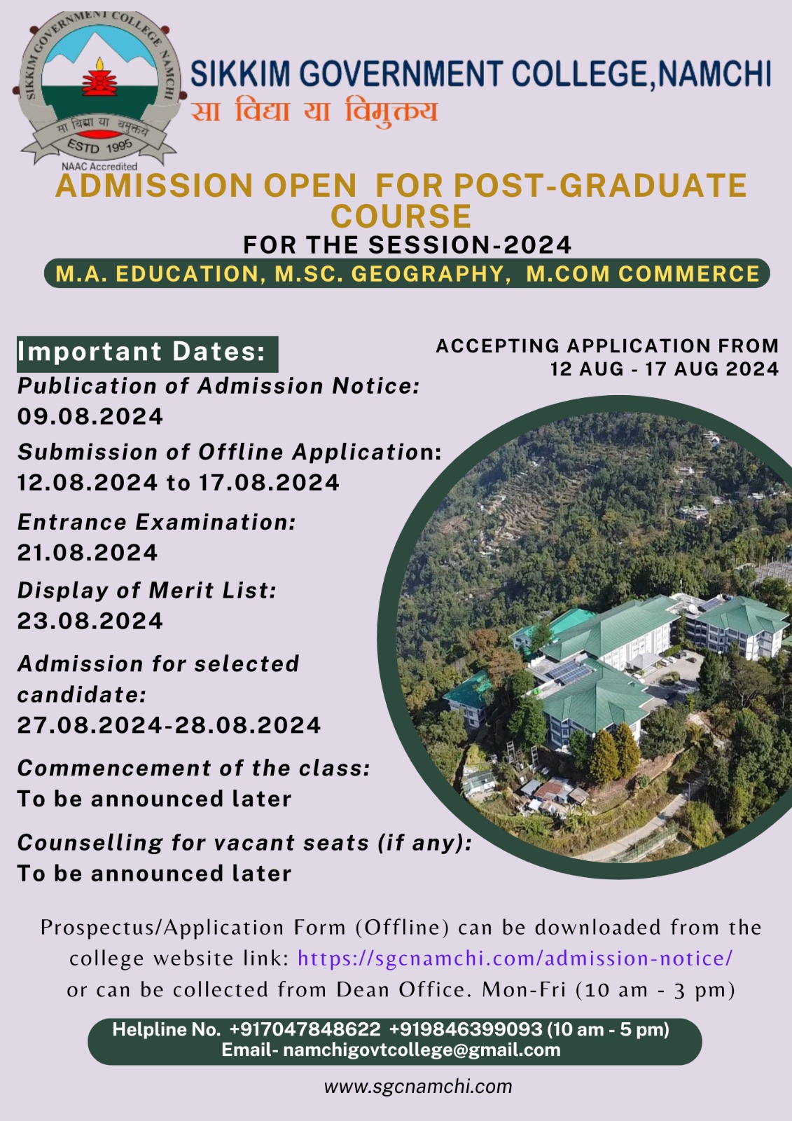 Admission open for PG course SGC Namchi - Sikkim Government College, Namchi
